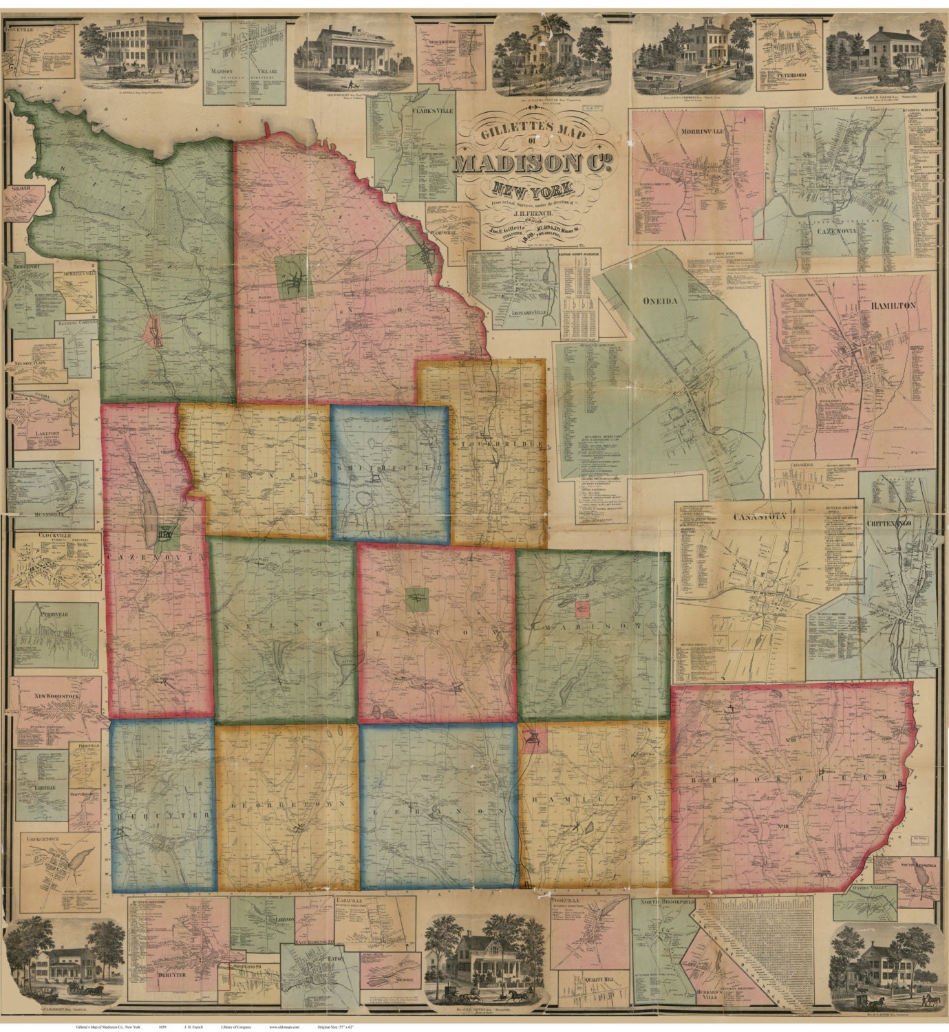 Madison County New York 1859 Old Wall Map Reprint with