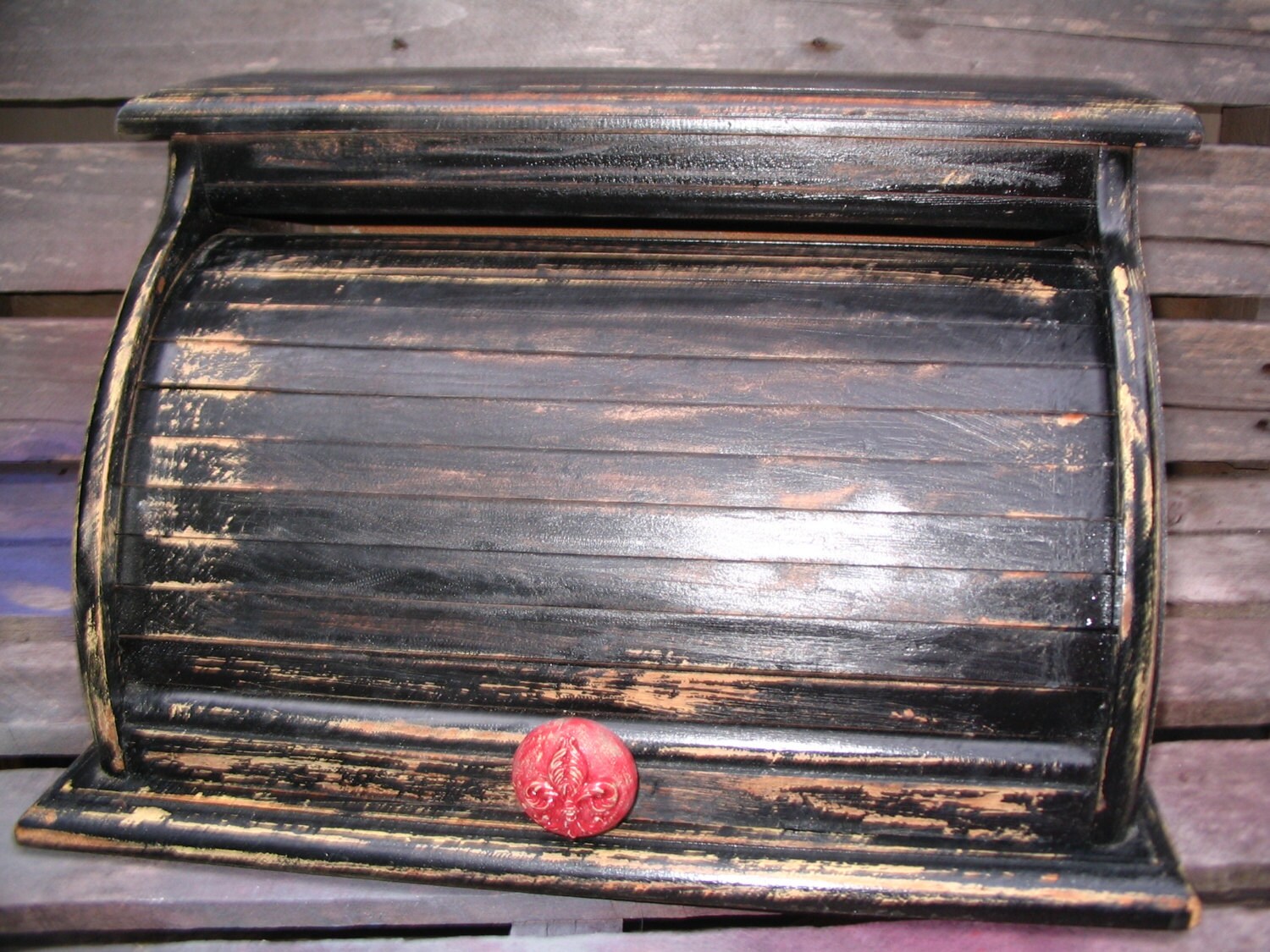 Vintage Roll Top Bread Box Black French Country Distressed Red Fleur De ...