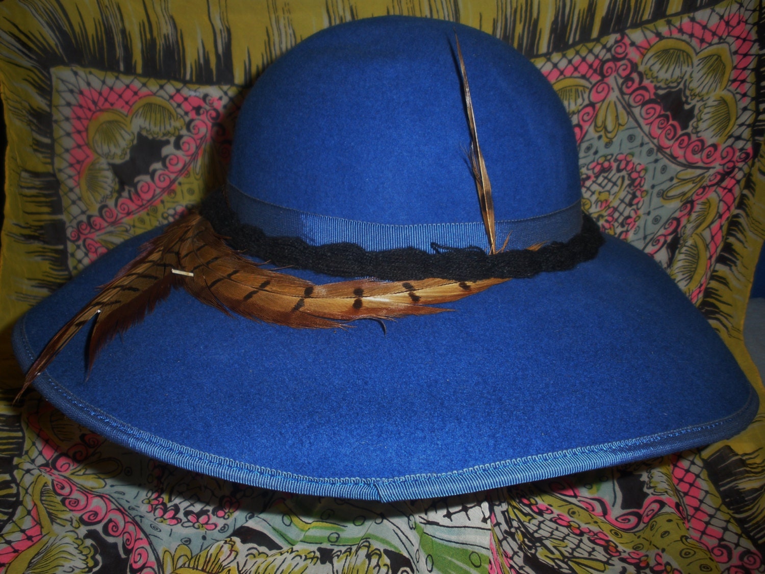 Vintage Women’s Betmar Label Blue Wide Brim Hat With Feather Band All ...