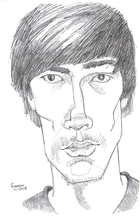 Asian Guy with Bangs 11x17 Expressionistic pencil portrait of