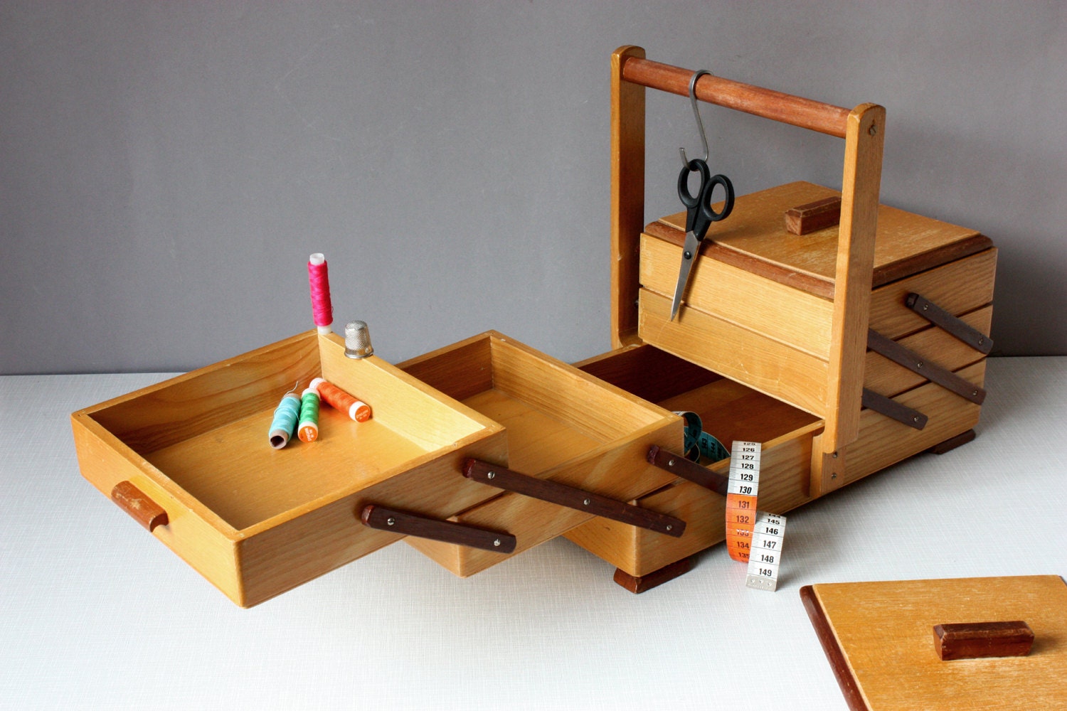 Sewing box wood shabby, tailors storage box wooden, Germany Vintage 50s ...