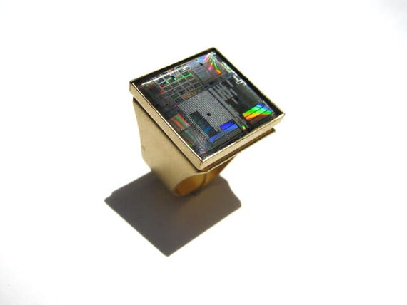 Gold Computer chip Ring Square Ring Tech Jewelrywafer Ring
