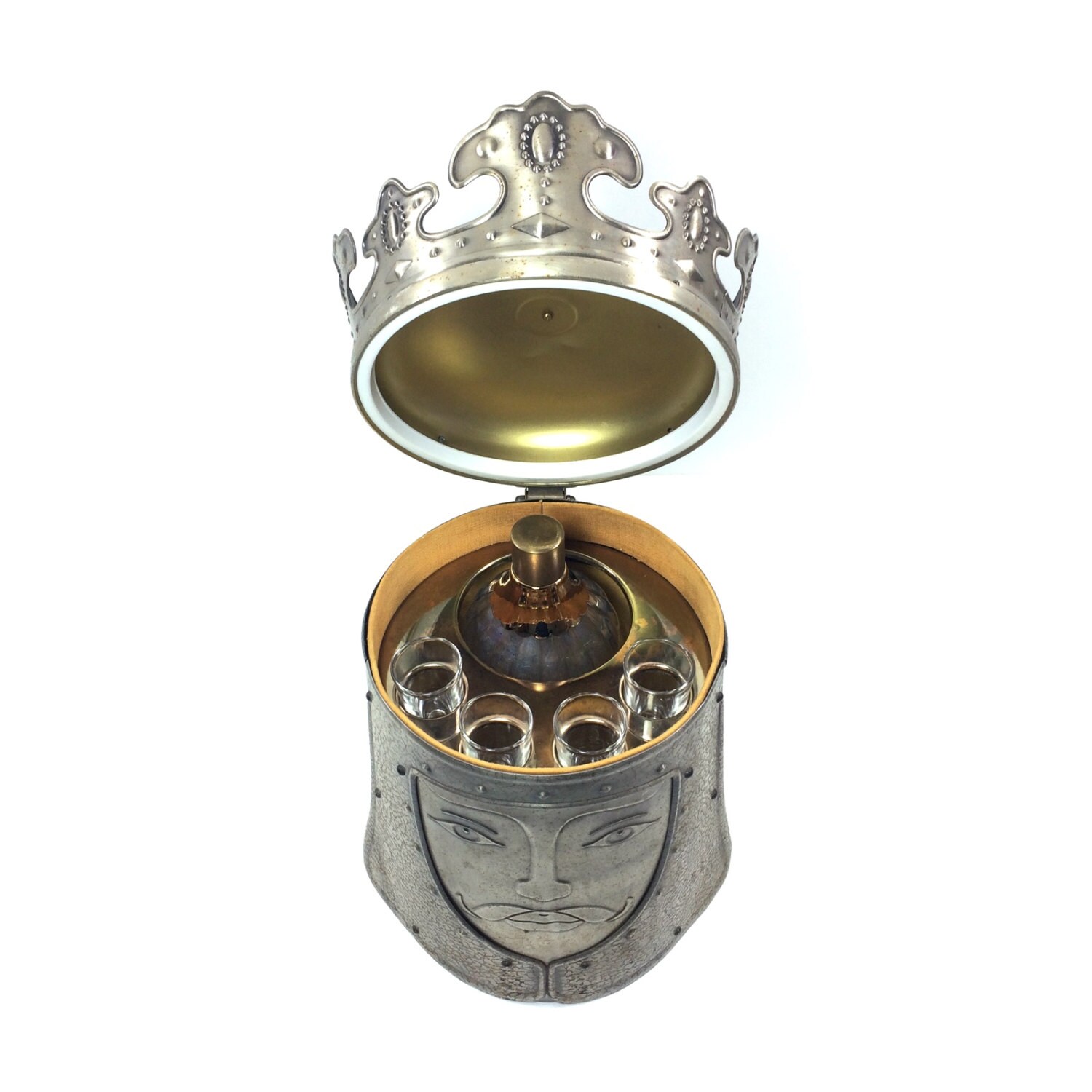 Vintage Knight's Helmet Bar Set with Clear Glass Decanter