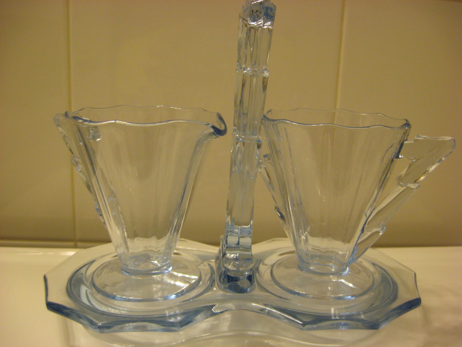 Cambridge Glass Sugar and Creamer with Base, Decagon Pattern, Moonlight ...