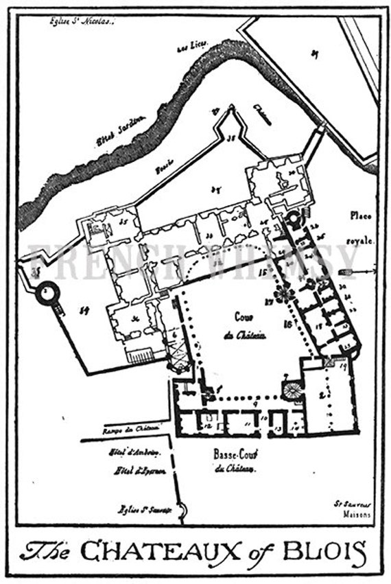 Old Plan of the famous Chateaux de Blois in the by FrenchWhimsy
