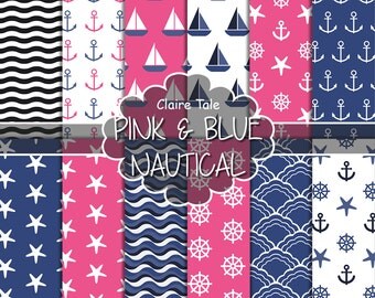 Digital Paper Navy Nautical Fuchsia Marine Girly Background