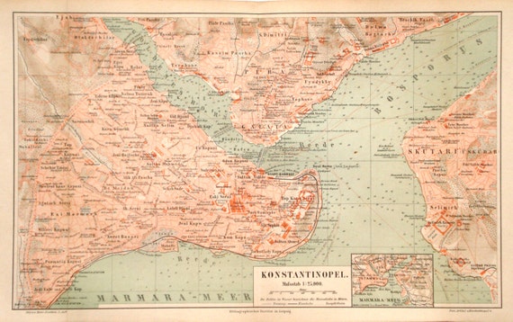 Istanbul city map original 1895 victorian print