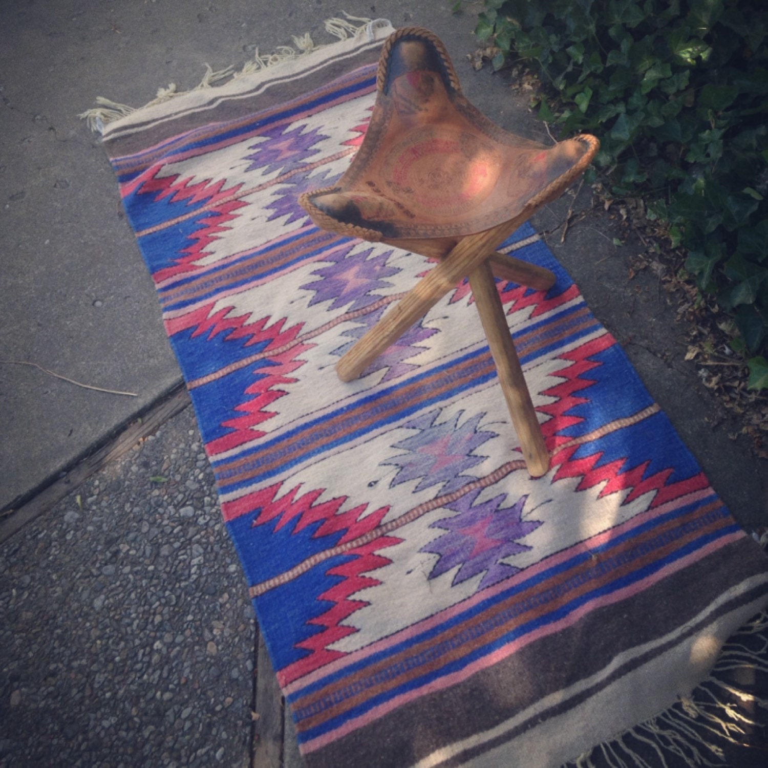 Vintage stool. Rustic portable stool from Mexico. Tooled leather seat ...
