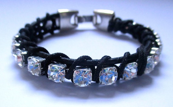 Swarovski Crystal And Black Leather Bracelet