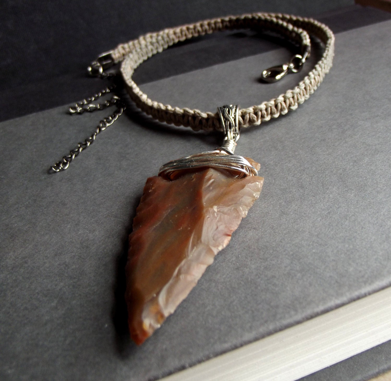 Men's Arrowhead Necklace: Ombre Khaki Tan Macrame Cord