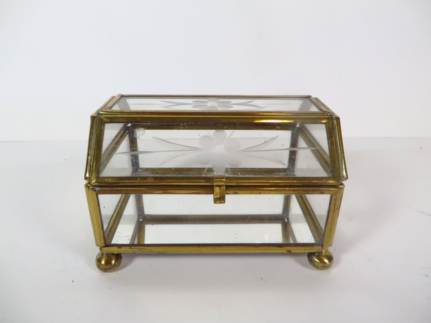 Vintage Glass Brass Box – Rectangle Etched Glass Box – Jewelry Casket ...
