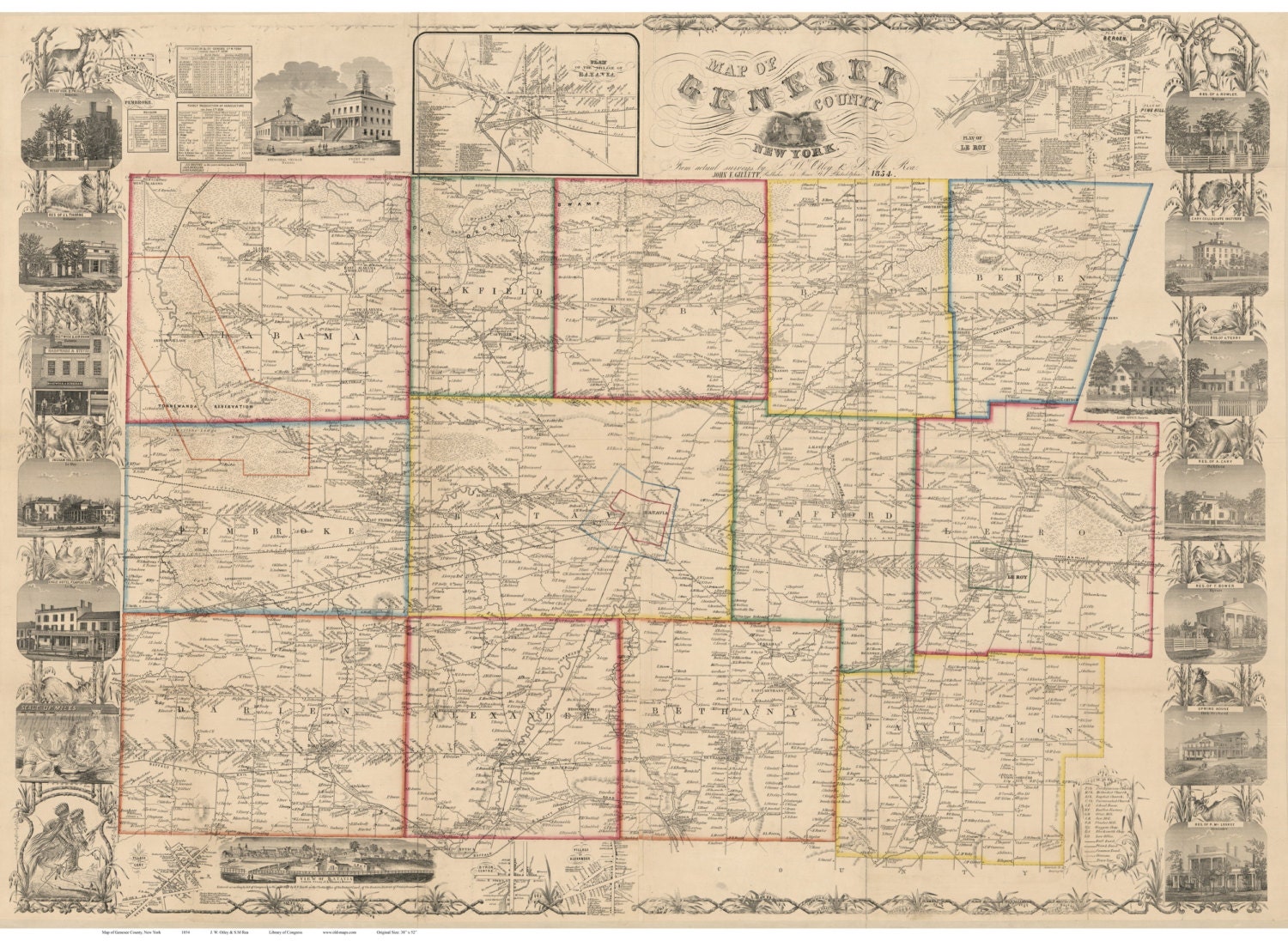 Genesee County New York 1854 Old Wall Map Reprint with