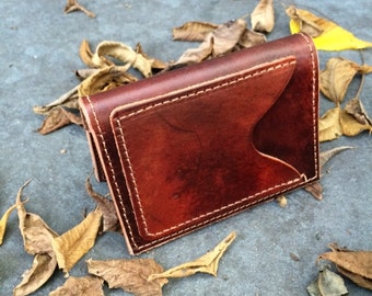 Handmade Hard Leather Bi-fold Card Wallet - Dark Brown