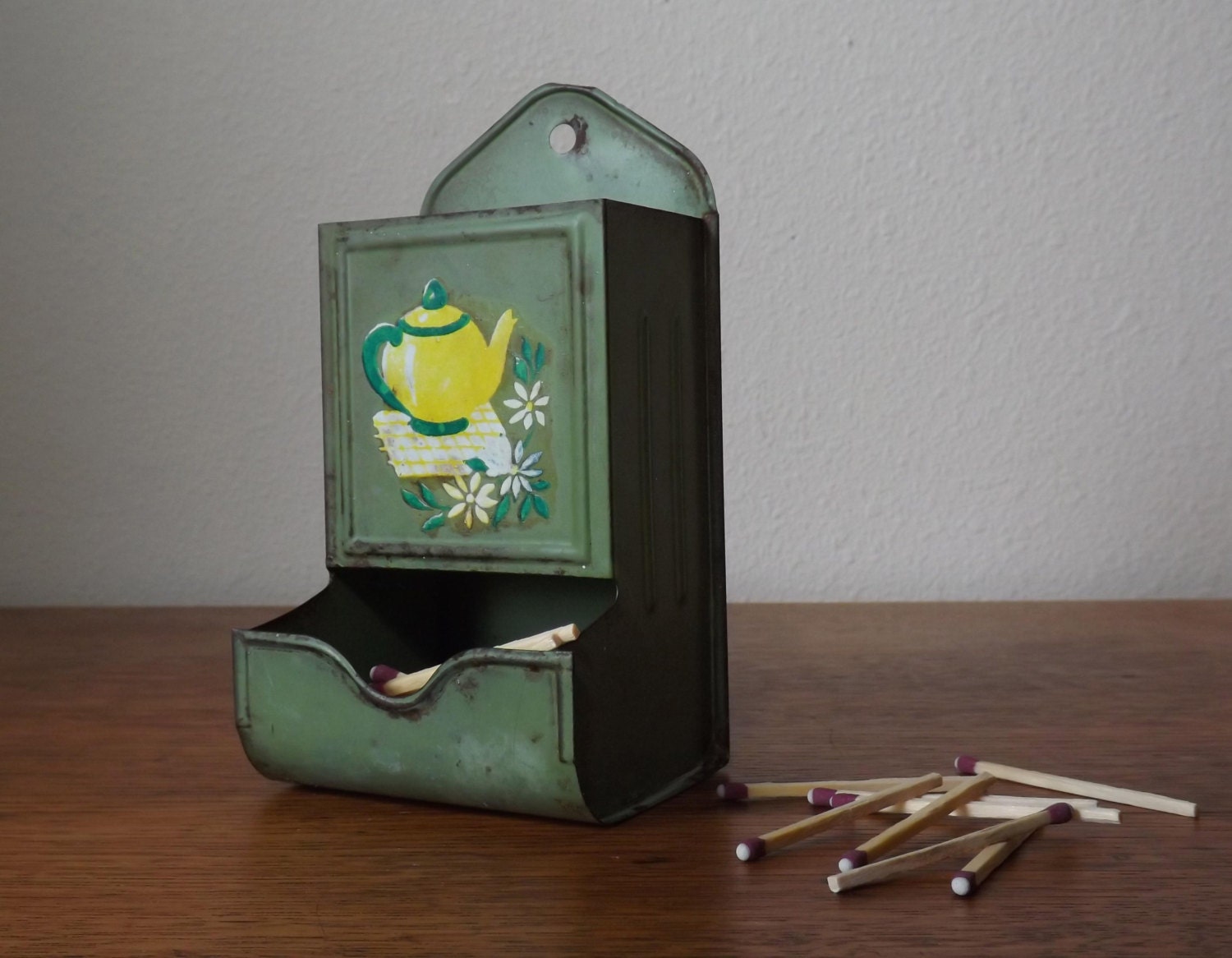 Match Safe ~ Match Box Holder – Painted Tin with Teapot Decal ~ Rustic ...