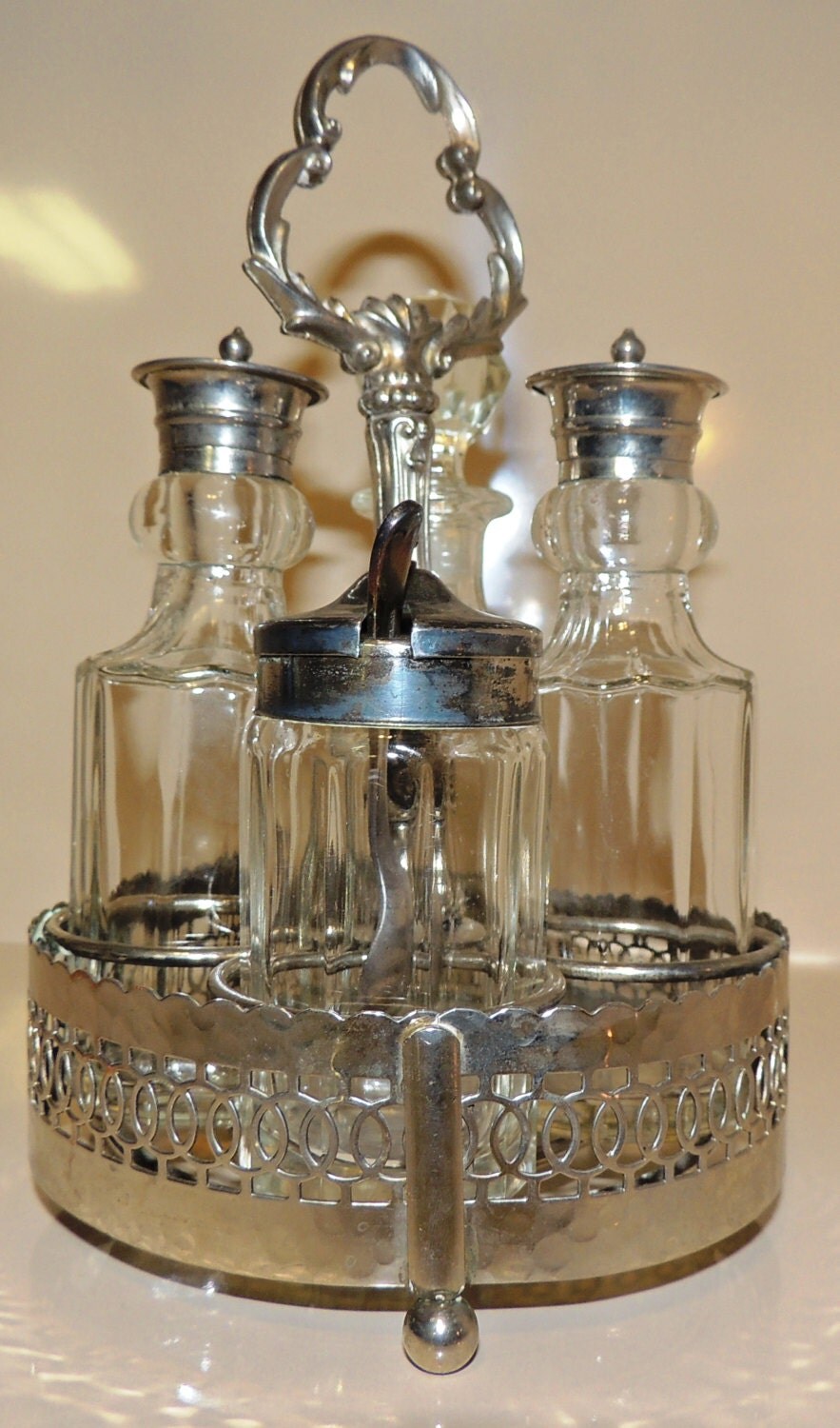 Vintage Silver Plate Cruet Castor Caddy Crystal Salt Pepper Jam Server ...
