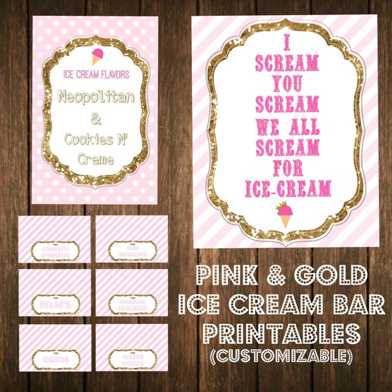 Items similar to Pink and gold ice cream bar signs and topping signs ...