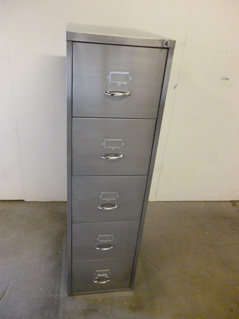 Vintage industrial 1970’s polished steel 5 drawer filing cabinet with ...