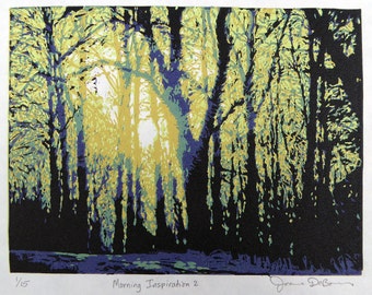 Tree of Inspiration three-color reduction linocut fine art
