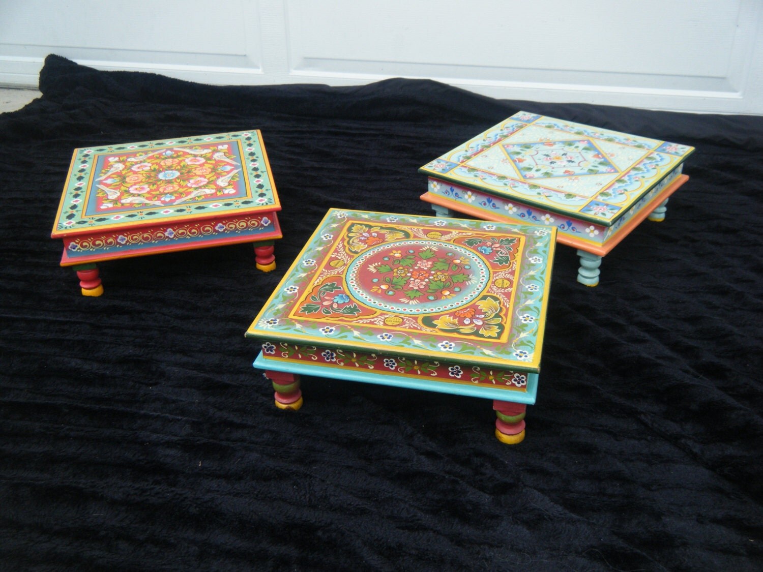 three indian tables chowki wooden carft hand painted bajot square end ...