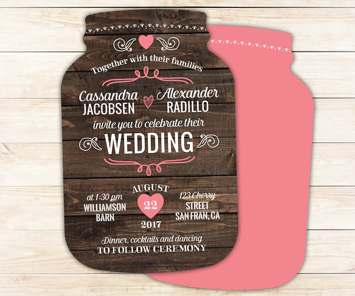 Rustic Wedding Invitations Mason Jar shaped cards Country