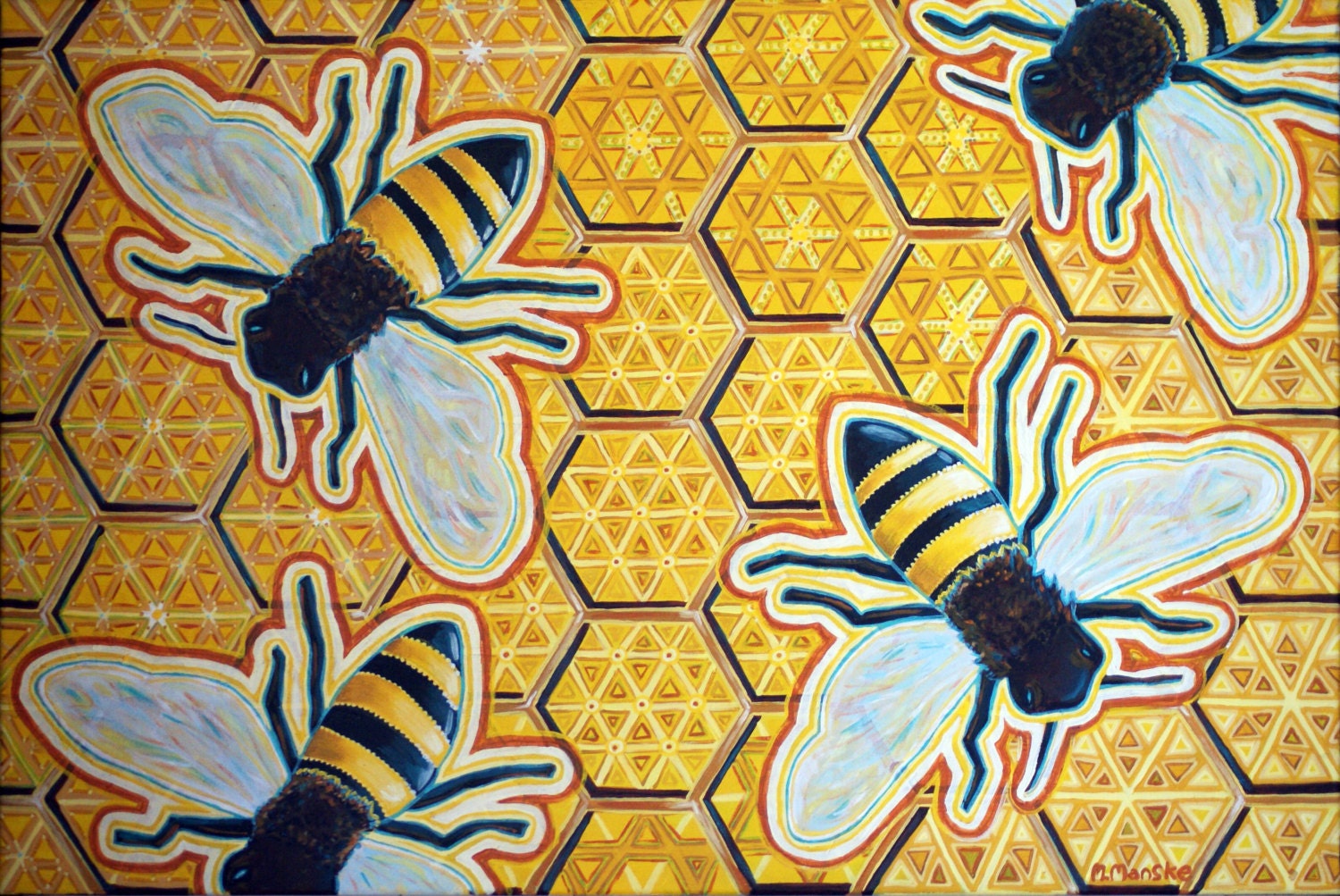 Sacred Bees Geometric Bees Honeycomb Pattern Hexagon Art