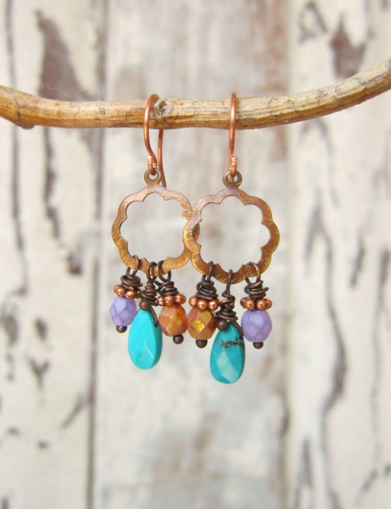 Multi Color Chandelier Earrings. Copper Circle Wire Wrapped