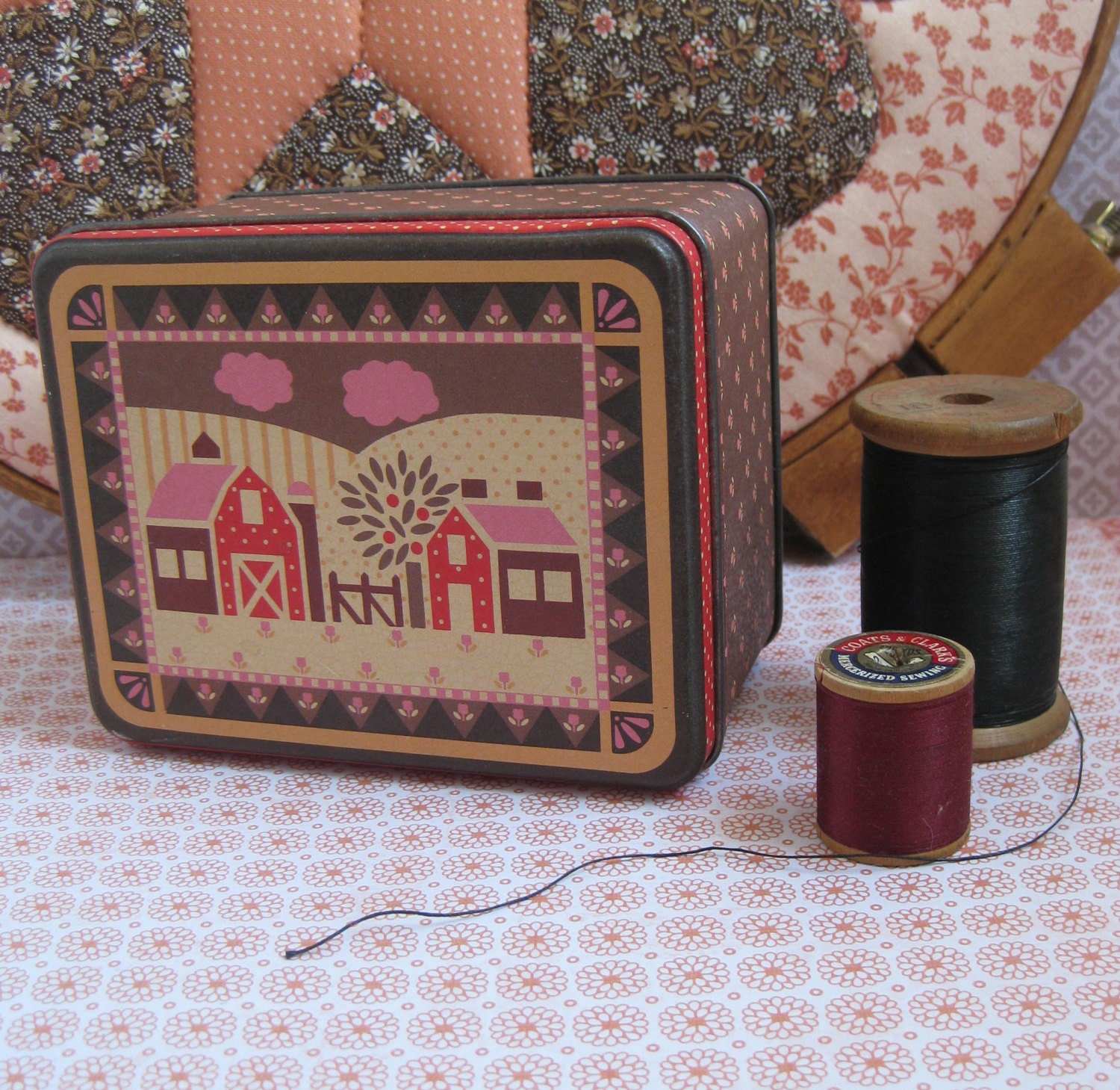 70’s Calico Farm Tin- Small Tin Box- Sewing Tin- Tea Tin- Storage Tin ...