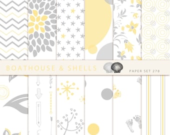Yellow Grey & White Digital Paper Yellow Floral Digital