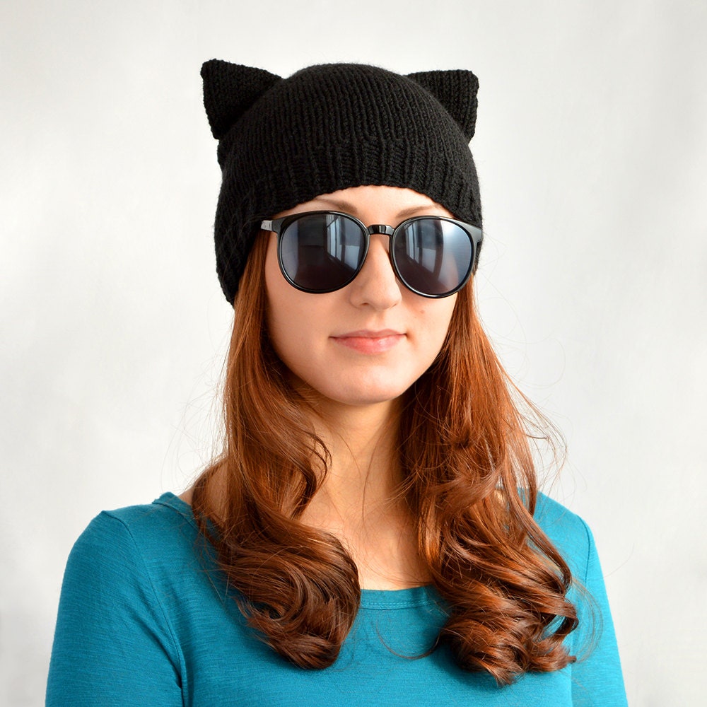 Black Cat Hat Knit Cat Ear Hat or Cat Beanie Womens Cat Hat