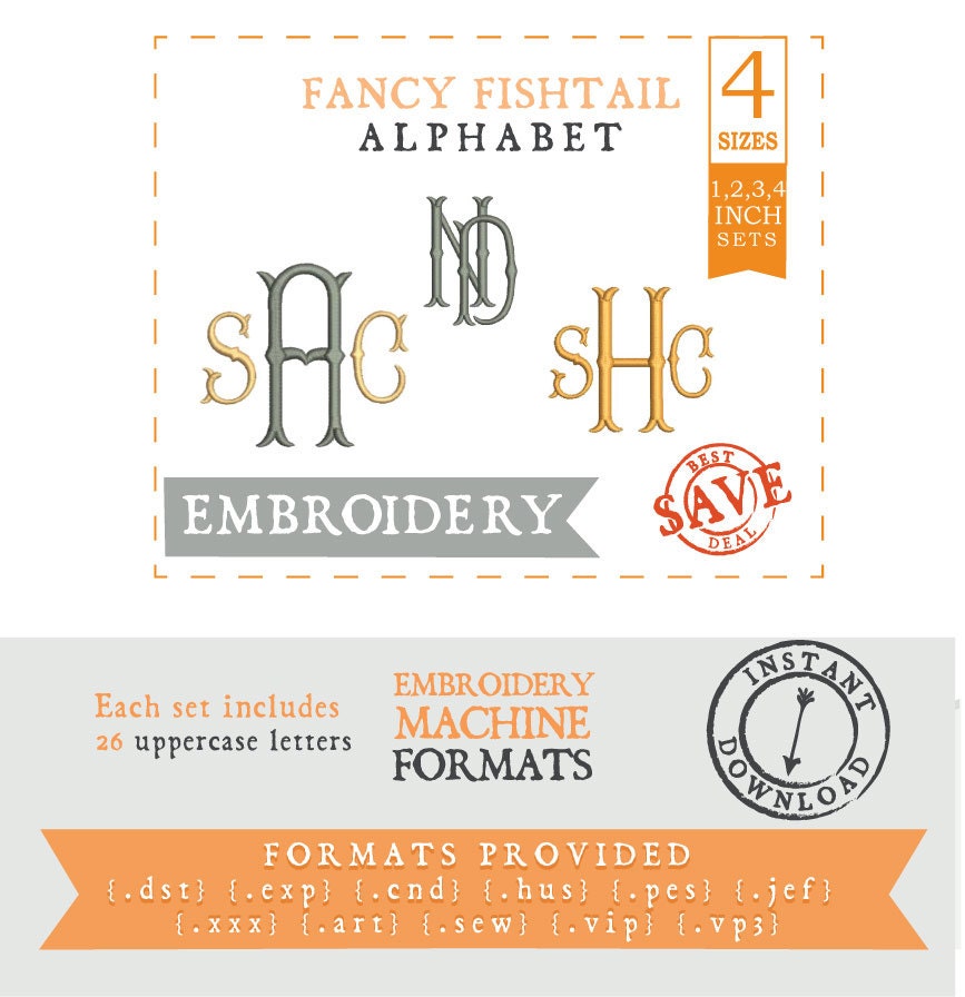 4 sizes Fancy Fishtail Embroidery Font/Alphabet / by Anamored
