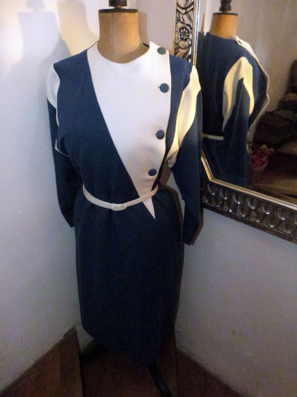 Vintage French blue woolen 1950s dress w white belt, mad men dress ...