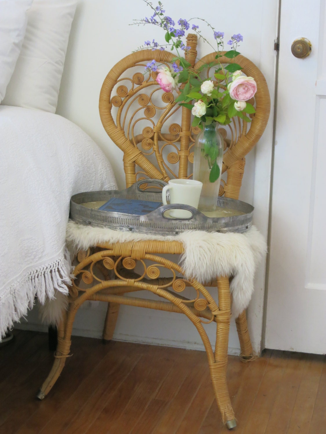 Vintage 1970s Cottage Chic Wicker Rattan Heart Scroll Vanity Side Desk ...