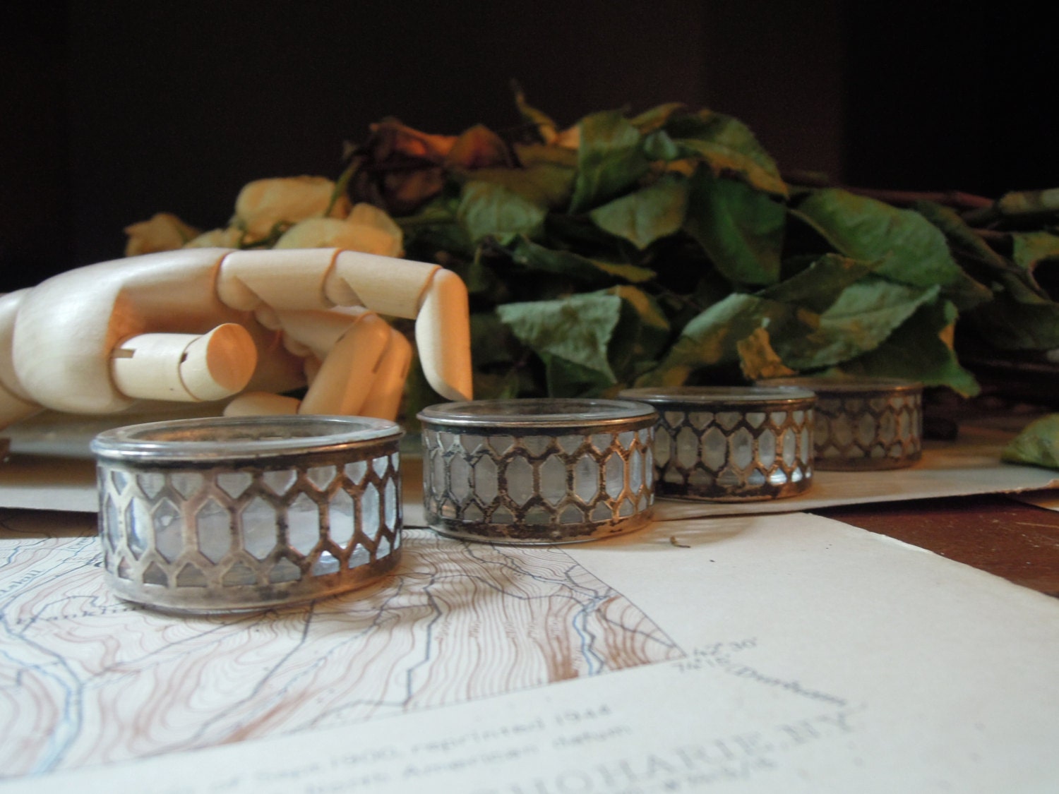 Vintage Sterling Silver and Glass Open Salt Cellars with Fret Work ...