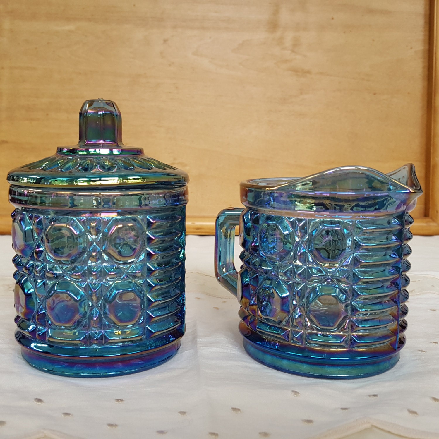 Vintage Indiana Glass Blue Carnival Glass Windsor Pattern Sugar and ...