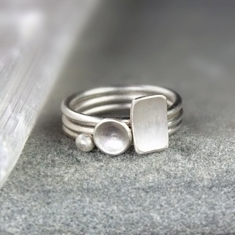 Silver Stacking Rings with Geometric Shapes by bespokenjewelry