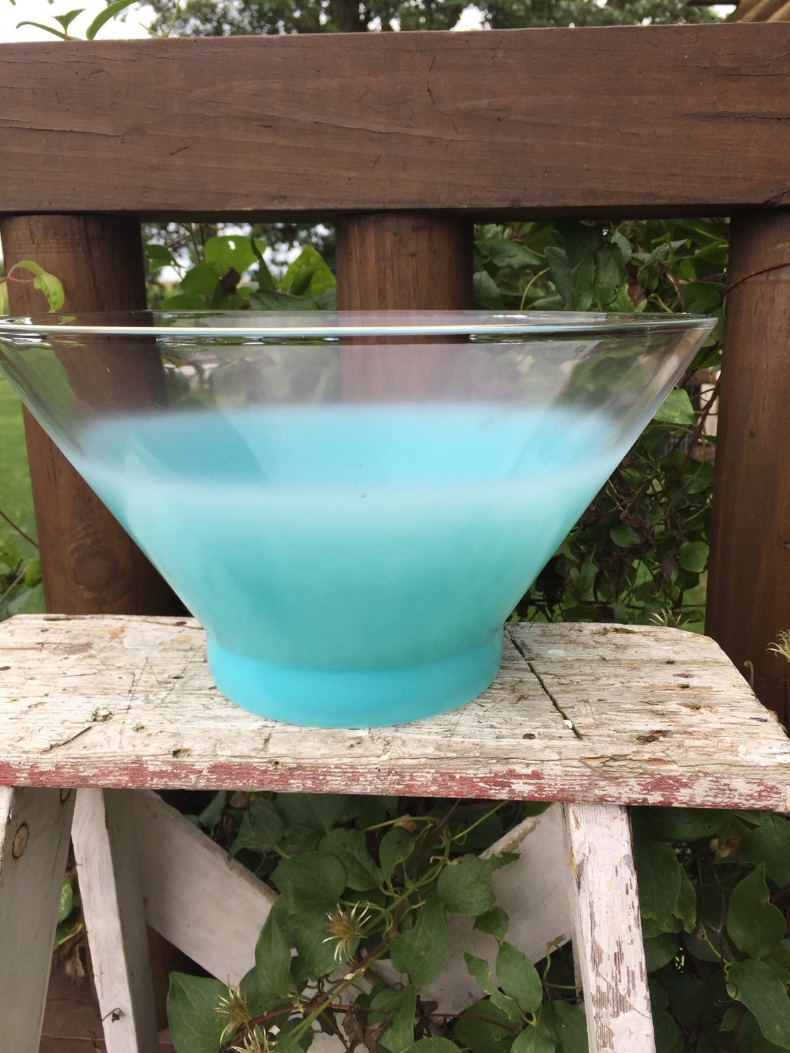 Retro Frosted aqua blue punch bowl, turquoise large serving bowl w ...