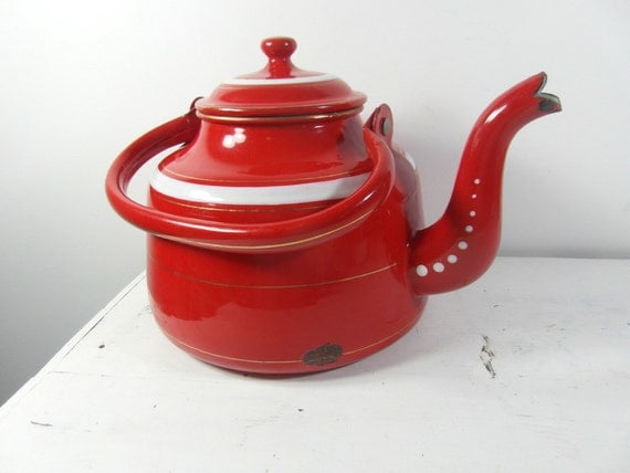 Large red and white enamelware kettle French vintage