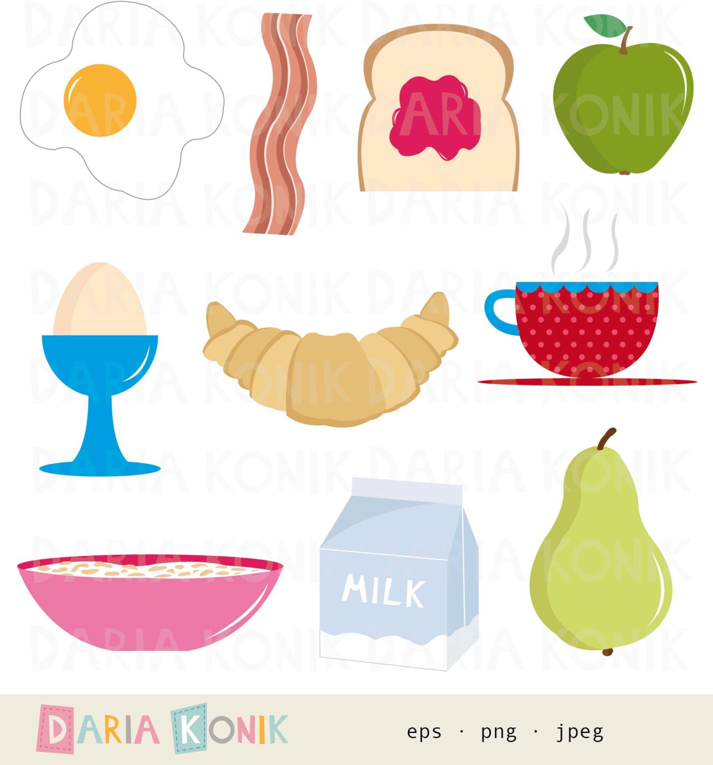 Breakfast Clip Art Set-fried egg, bacon, toast with jam, croissant ...