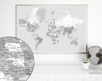 Grayscale world map | Etsy