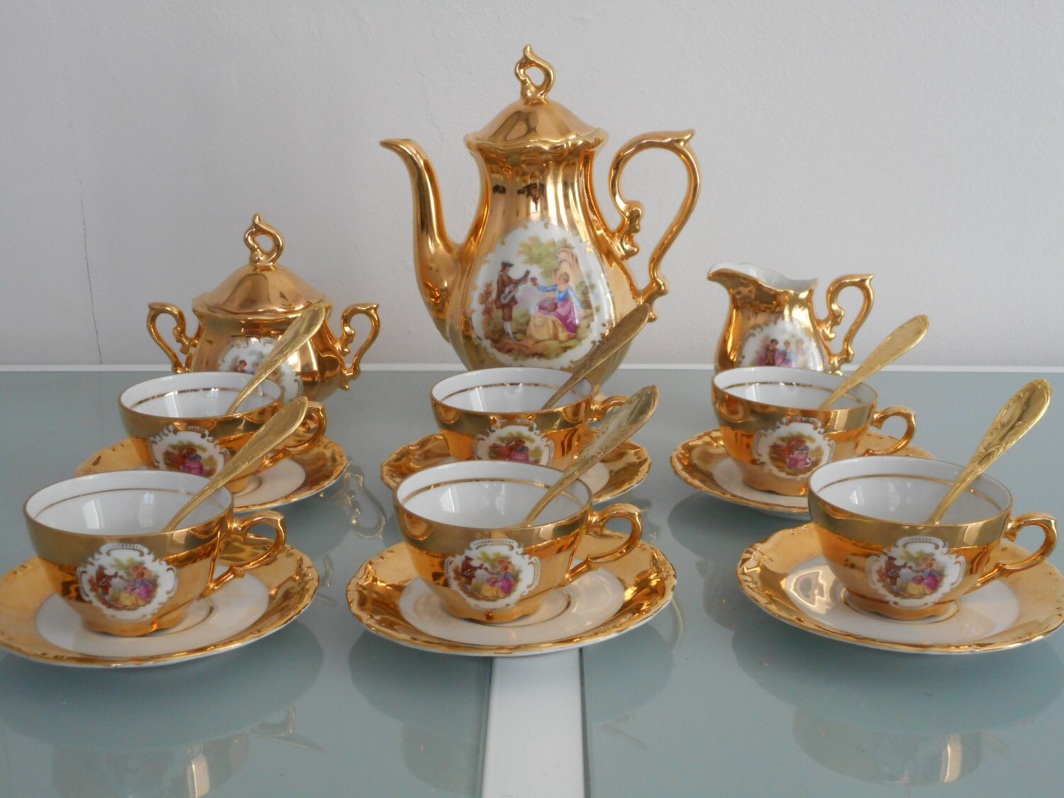 vintage Bavaria 9 piece gold painted coffee set with Fragonard style ...