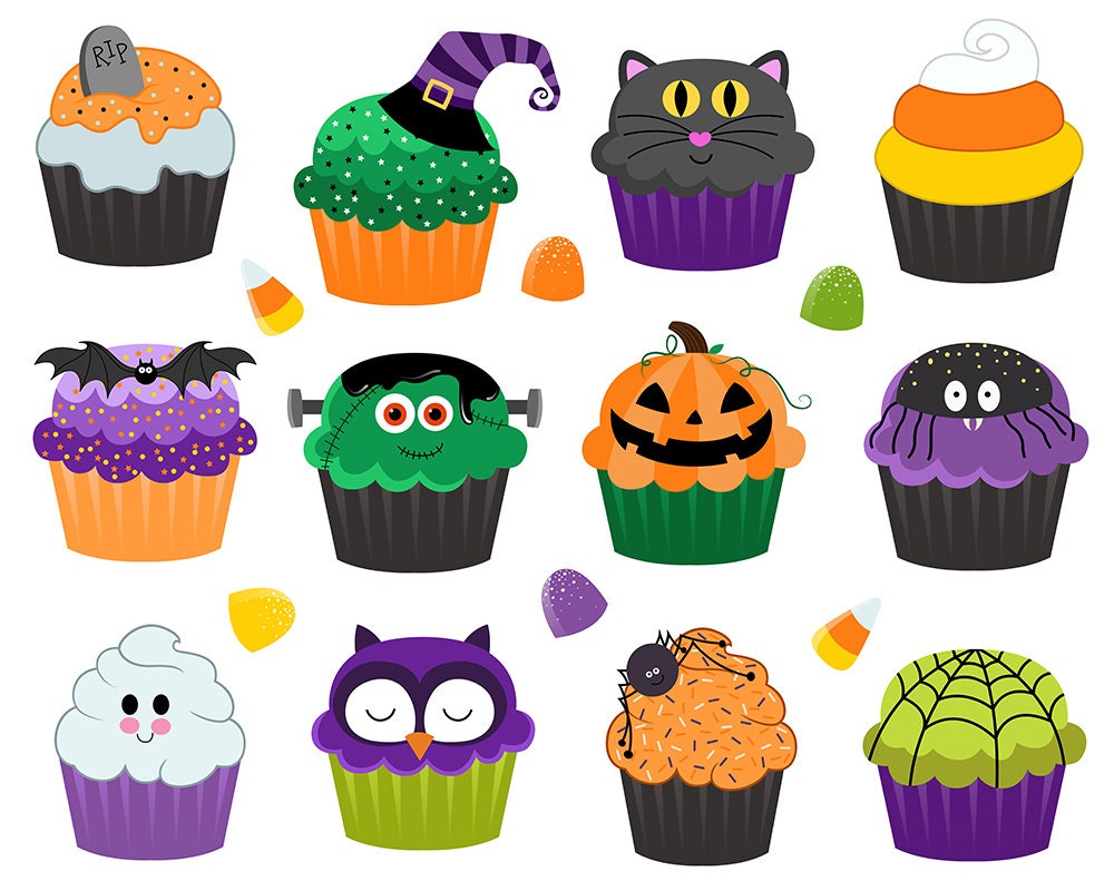 Halloween Treats and Cupcakes Clip Art Set of 17 Hand Drawn