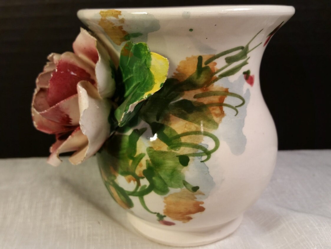 Italian Short Pottery Vase Vintage 3D Pink Rose Hand Painted