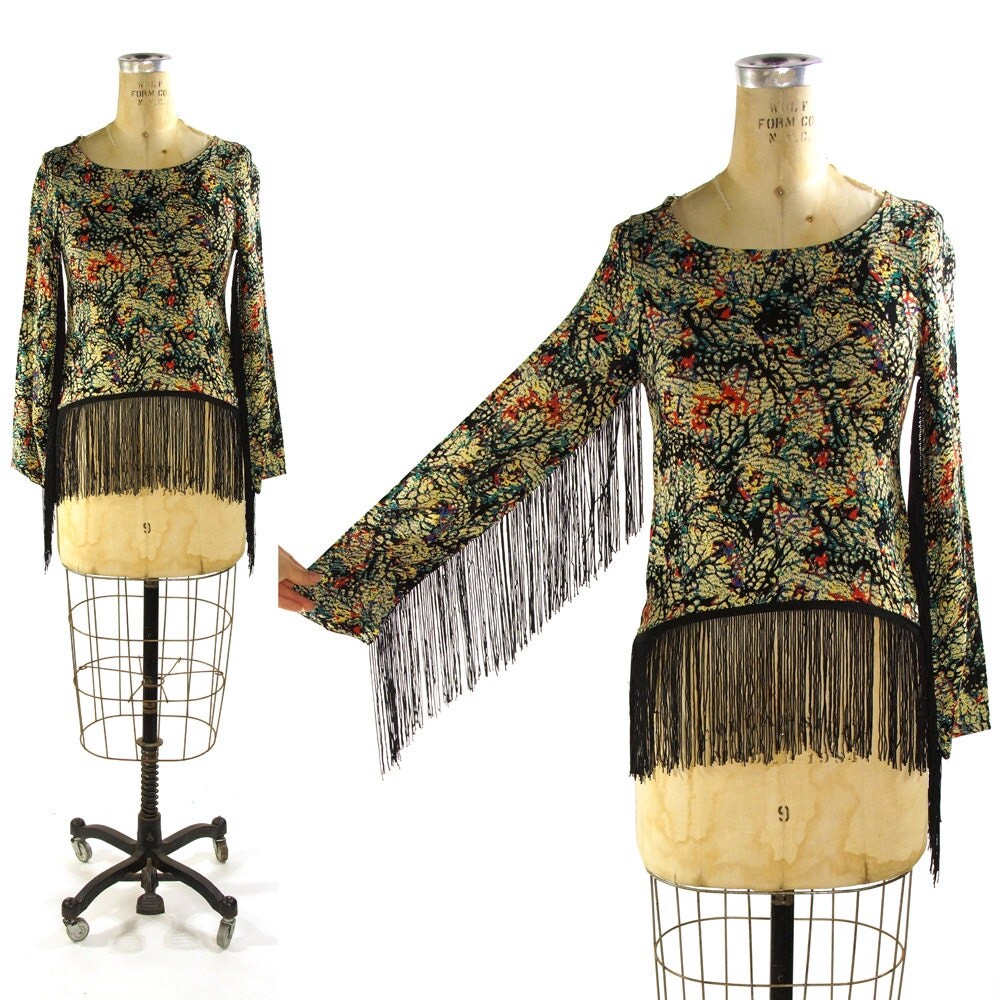 1990s Fringed Blouse / Vintage Abstract Floral Print Top with