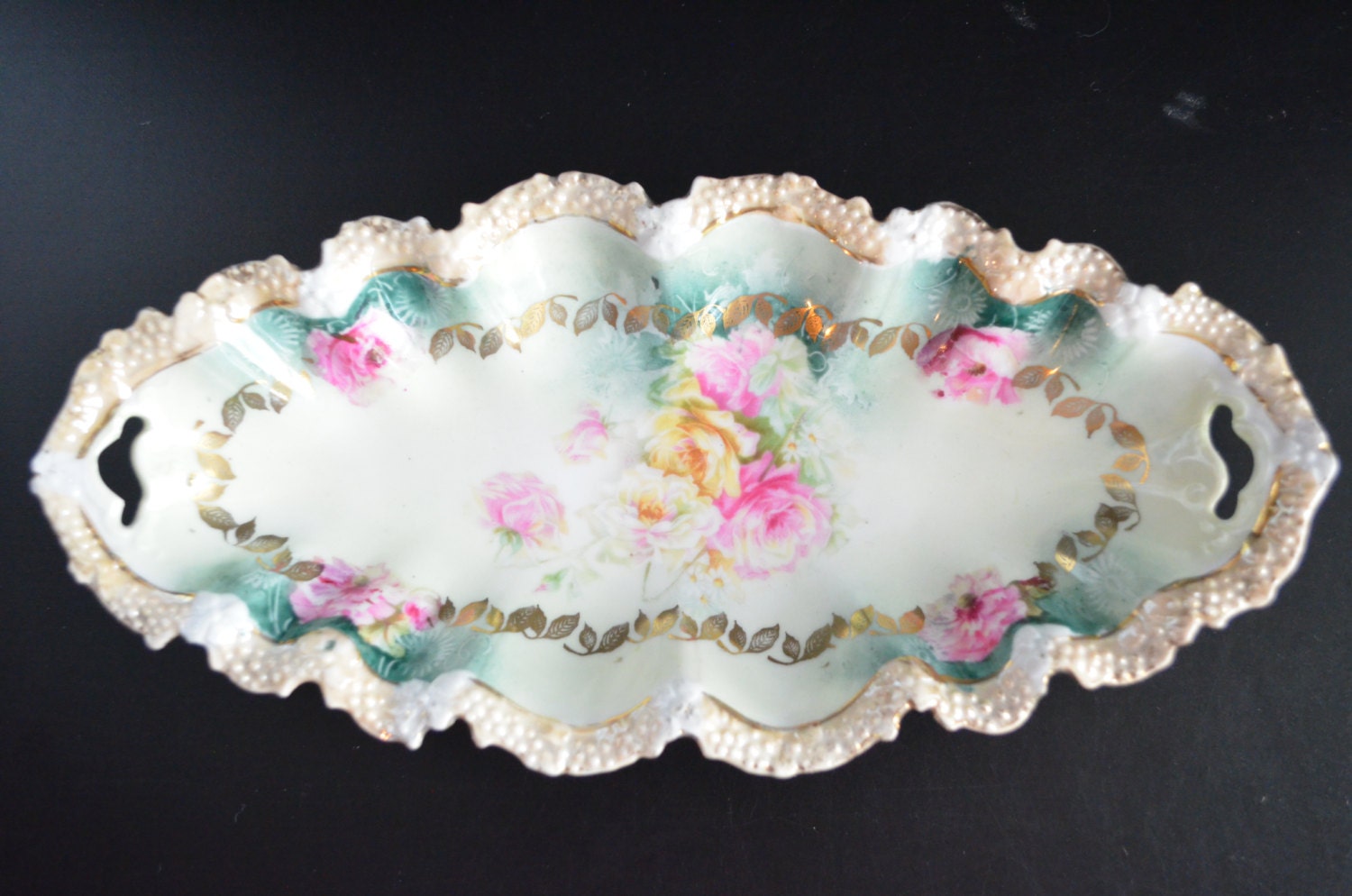 RS Prussia Relish Tray Stippled Border Rim Floral Pattern