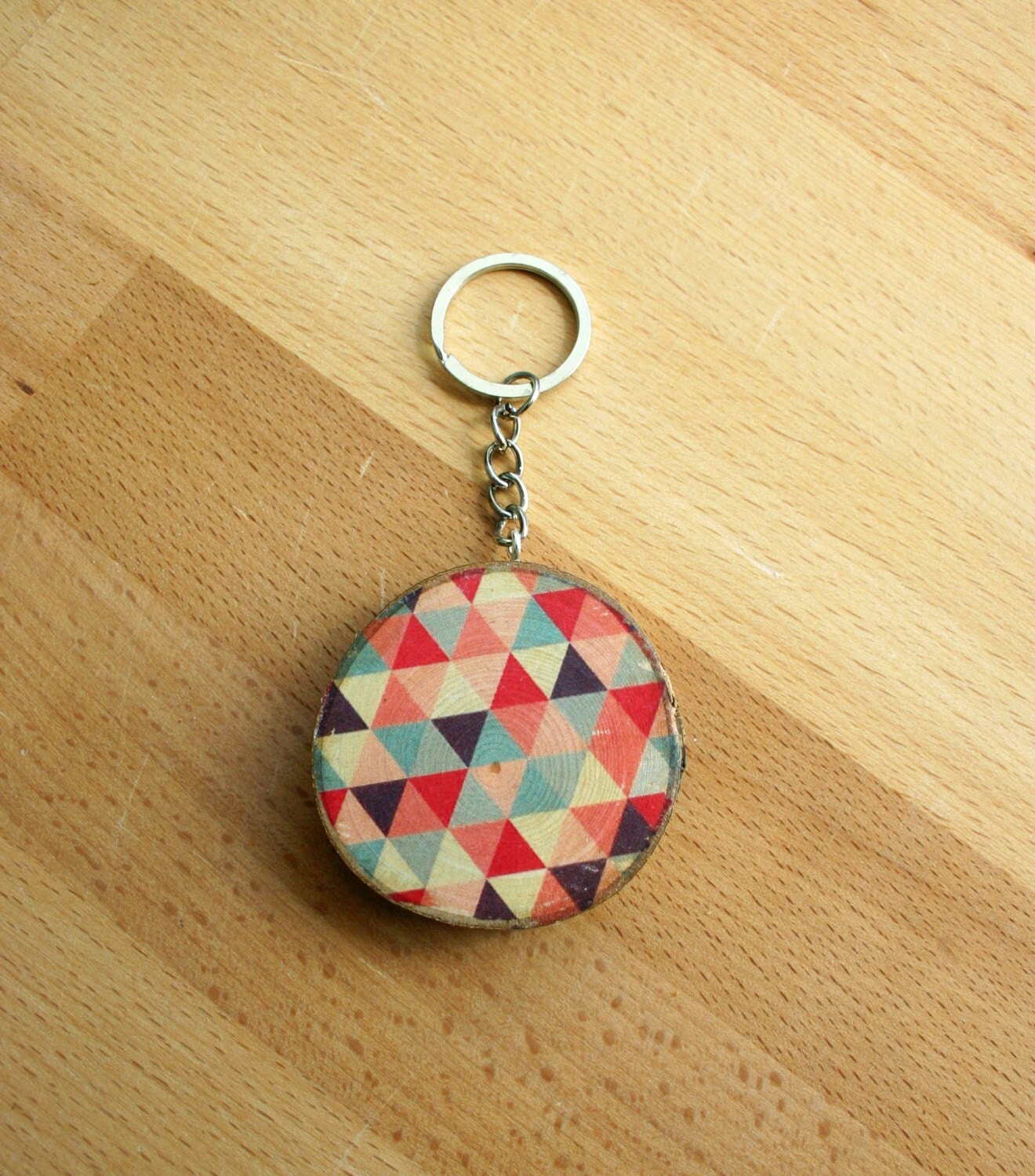 Wooden keychain with handmade print on wood gift idea