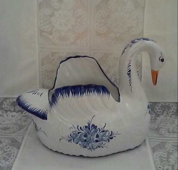Items similar to Lovely Vintage Blue On White Ceramic Swan Planter ...