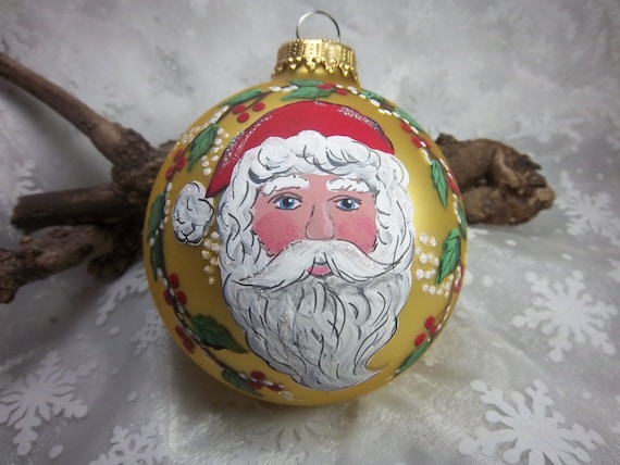 Santa Ornament Hand-Painted Santa Gold Holly and Berries