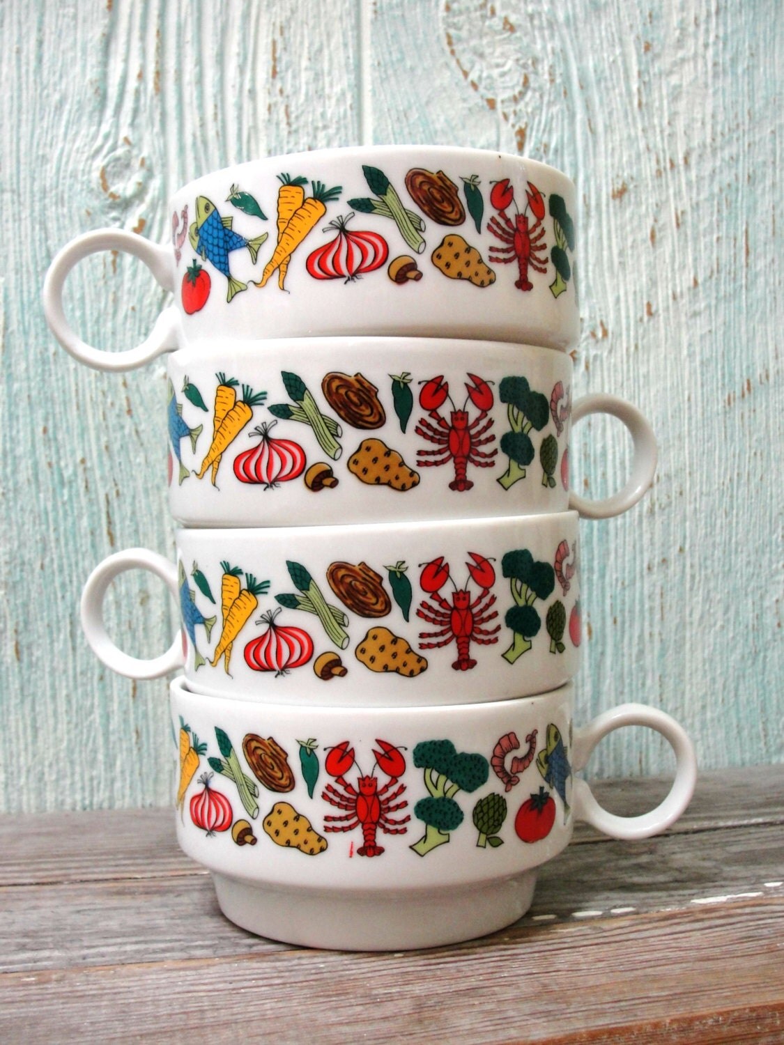 Awesome Retro Soup Mug Set of 4, Bright Vintage Veggie Motif, A Rare ...