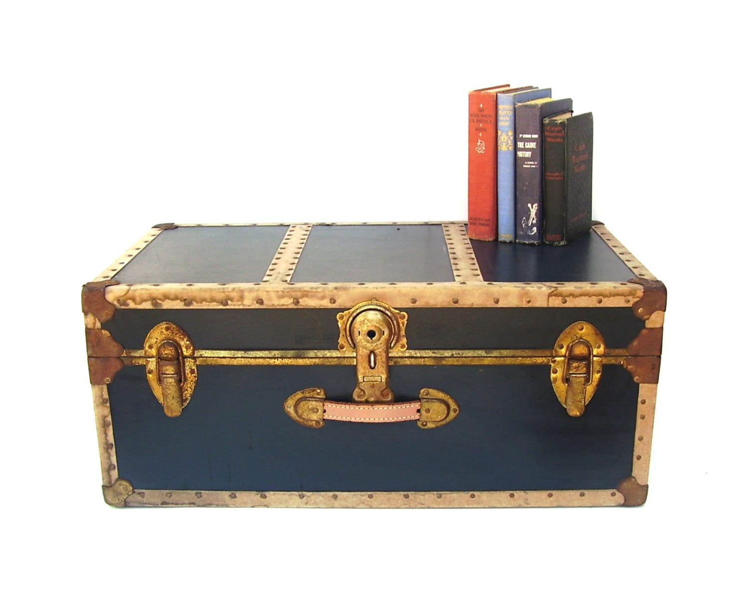 Vintage Steamer Trunk Nautical Travel Trunk Navy Blue Brass Hardware ...