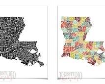 Louisiana typography map art print featuring city names, large size ...